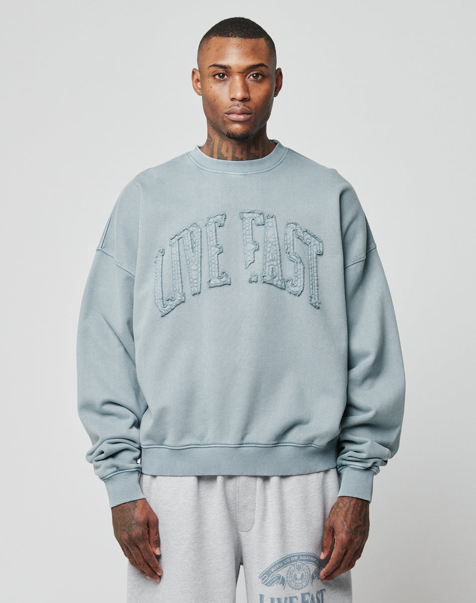 Ripped College Sweater – LIVE FAST DIE YOUNG